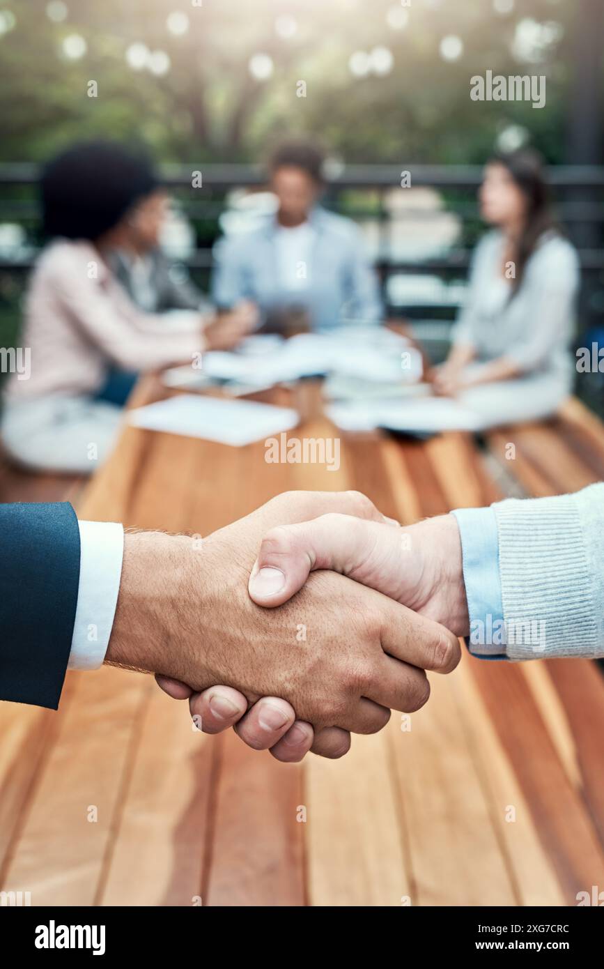 Meeting, business people and teamwork with handshake for introduction ...