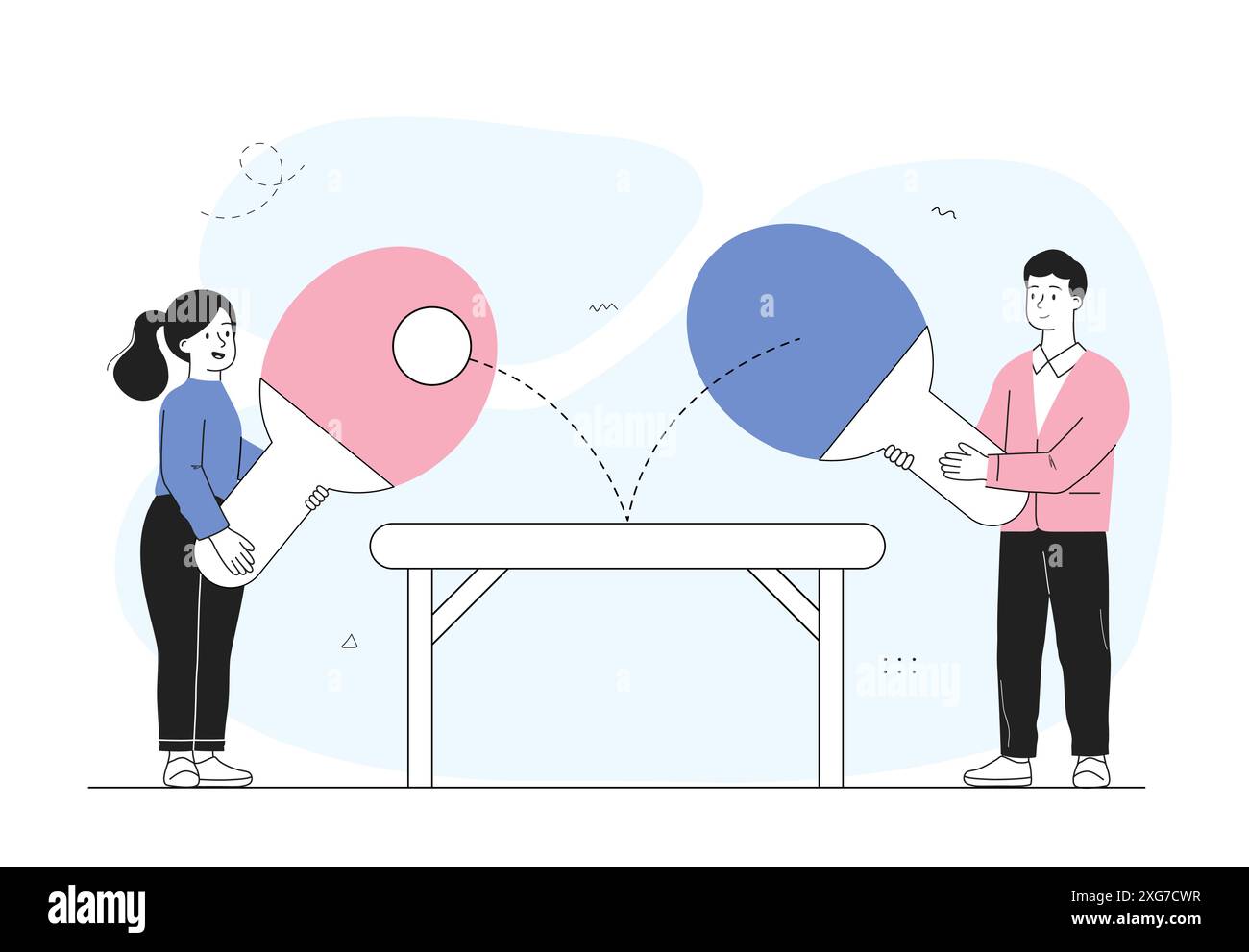 People play table tennis. Man and woman with large rackets hitting ball ...