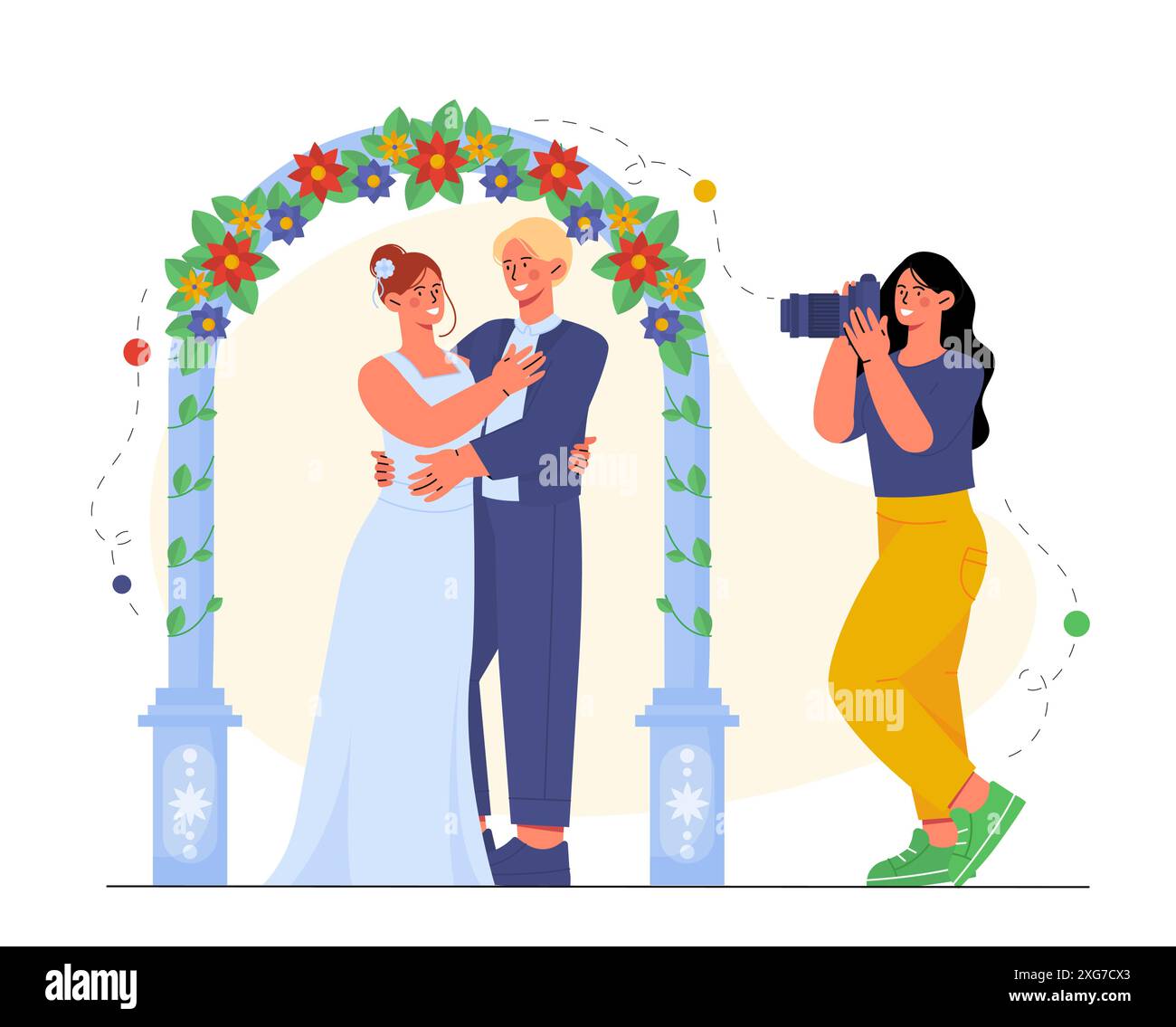 Wedding photographer concept. Man with camera takes pictures of bride ...