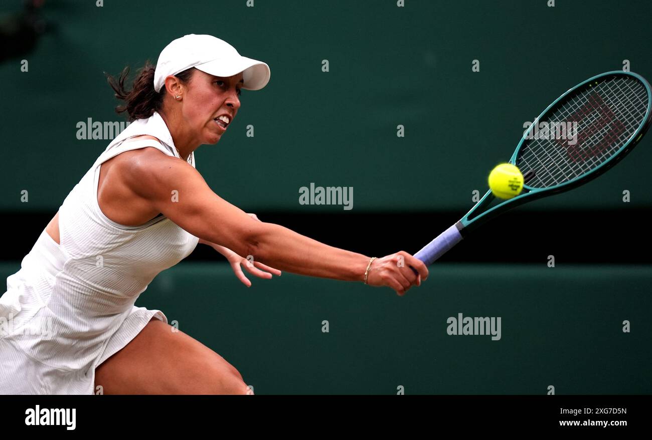 Madison Keys in action against Jasmine Paolini on day seven of the 2024 ...