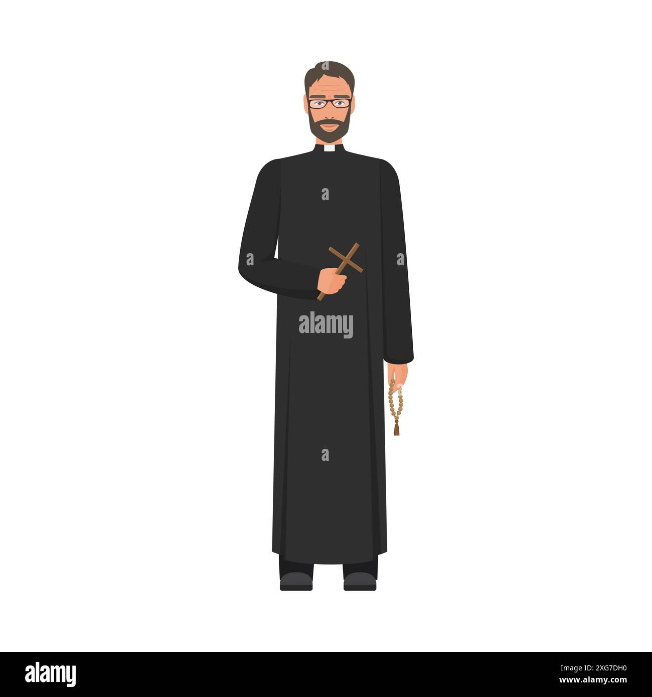Catholic priest in black costume standing, man holding holy cross ...