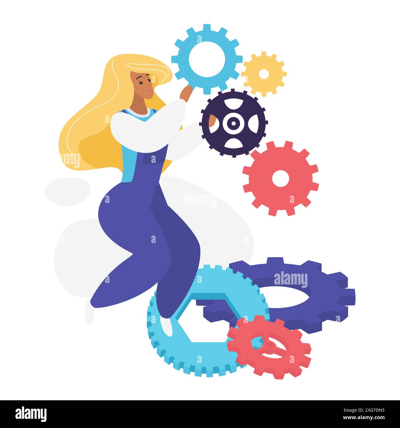 Female character working with gears to manage business process vector ...