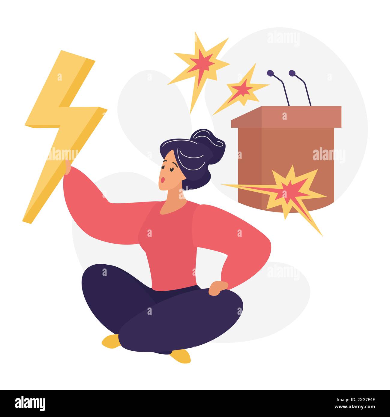 Female character holding lightning bolt at podium, emotions in speech ...
