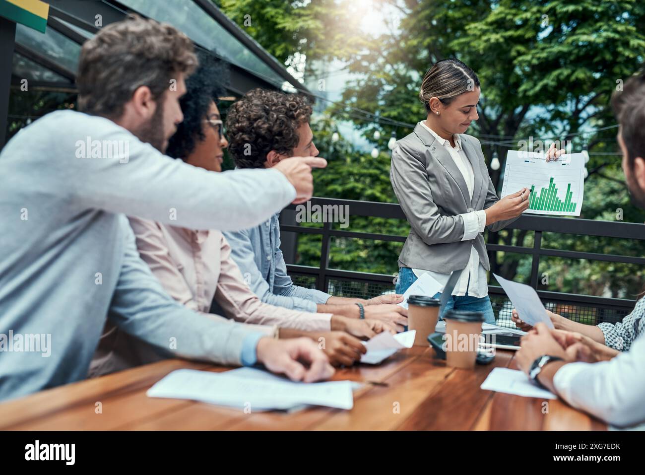 Presentation, statistics and business people in meeting with team for ...