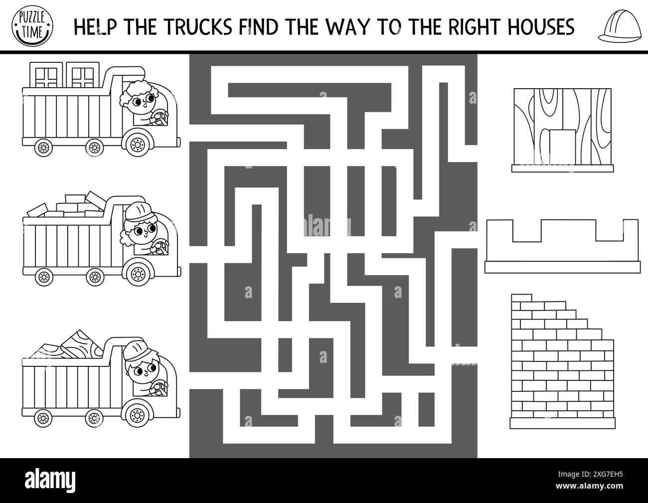 Construction site black and white maze for kids with trucks and drivers ...