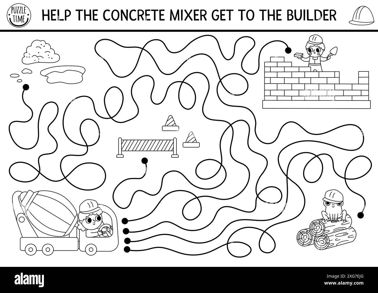 Construction site black and white maze for kids. Help concrete mixer go ...