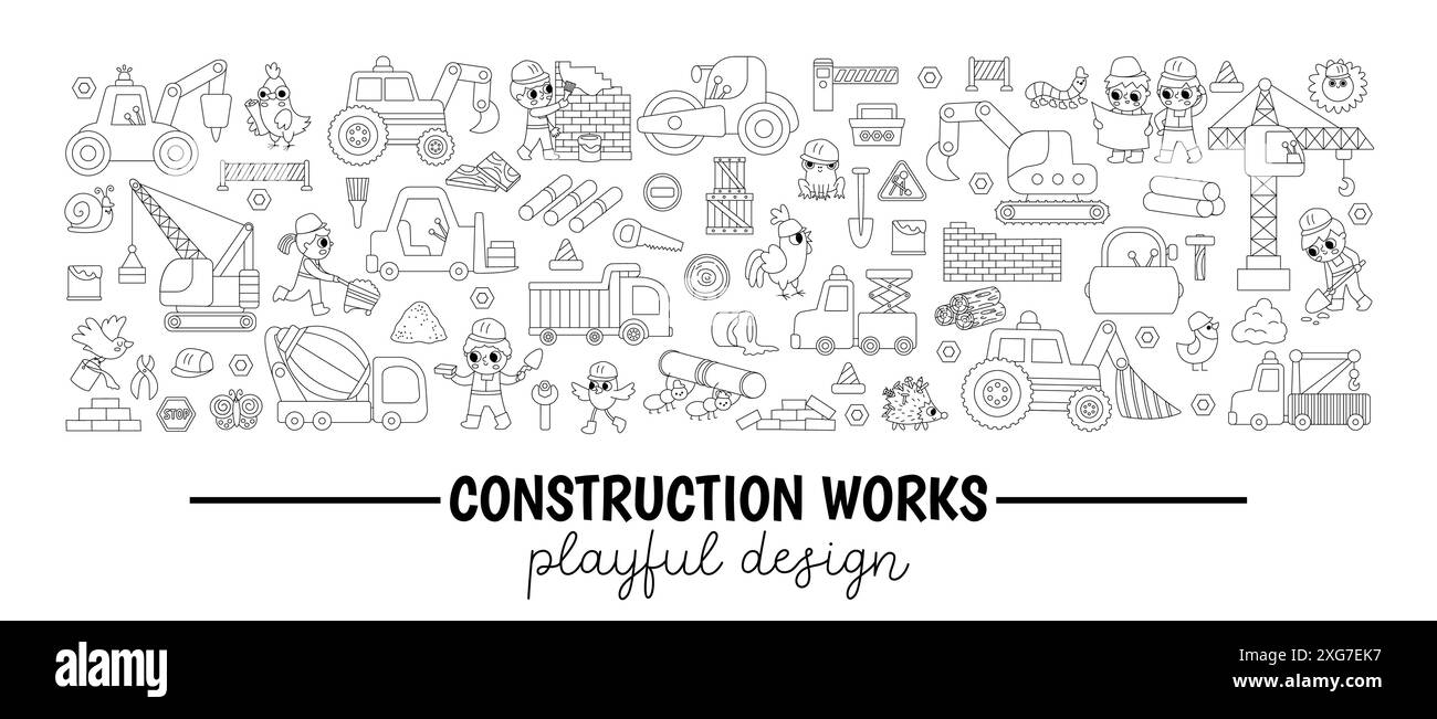Vector black and white construction site horizontal border set with kid ...