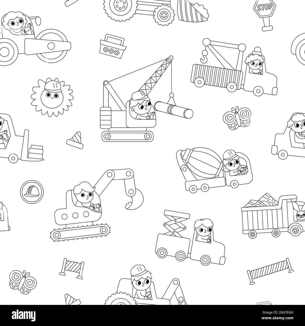 Vector black and white special transport seamless pattern with drivers ...