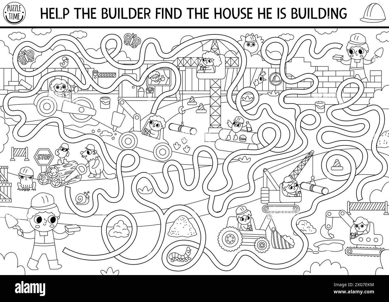 Construction site black and white maze for kids with industrial ...