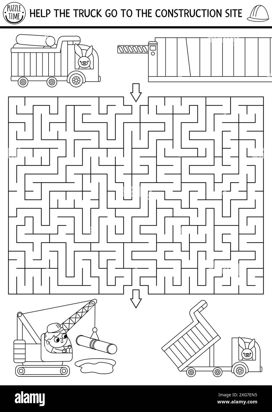 Construction site black and white geometrical maze for kids with road repairing workers, cars ...