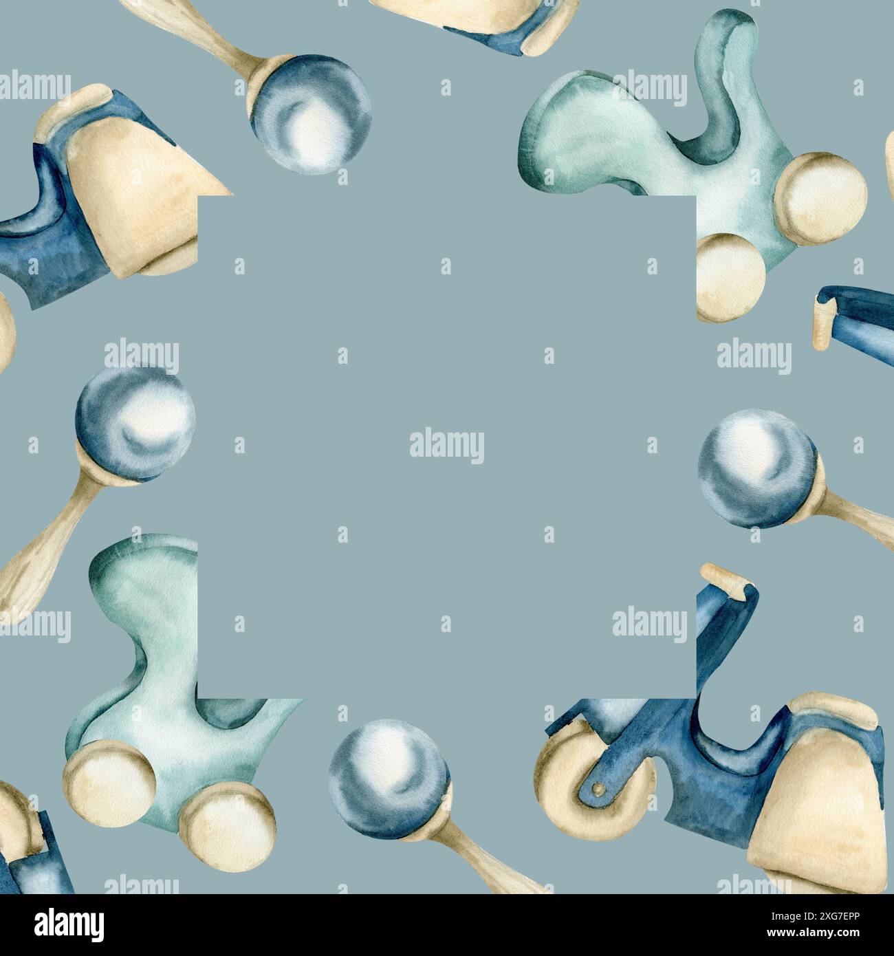 Watercolor wooden toy kid's square frame with blue scooter and rattle ...