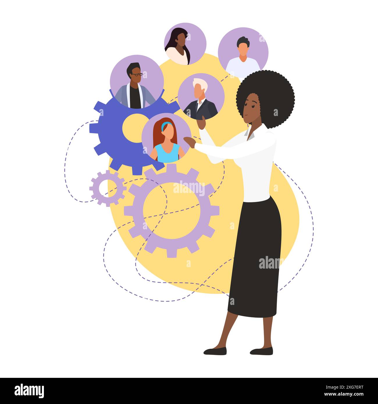 Female character holding people avatars, boss or team management vector ...