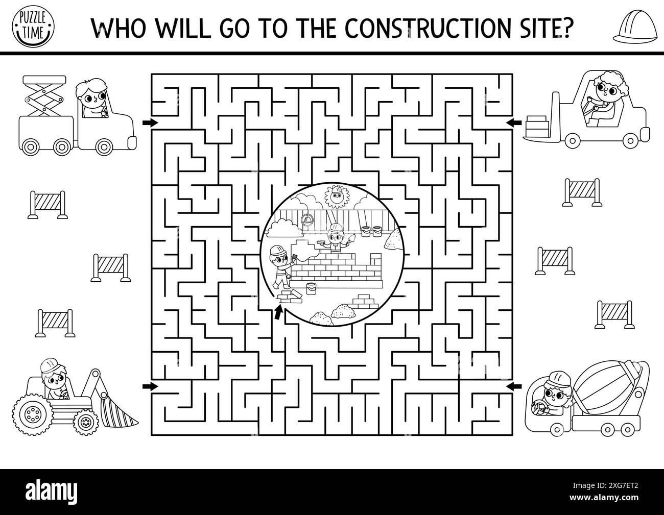 Construction site black and white geometrical maze for kids with ...