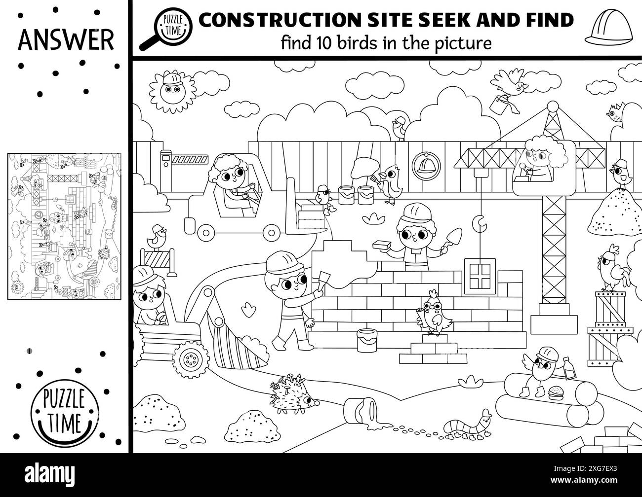 Vector black and white construction site searching game with building ...