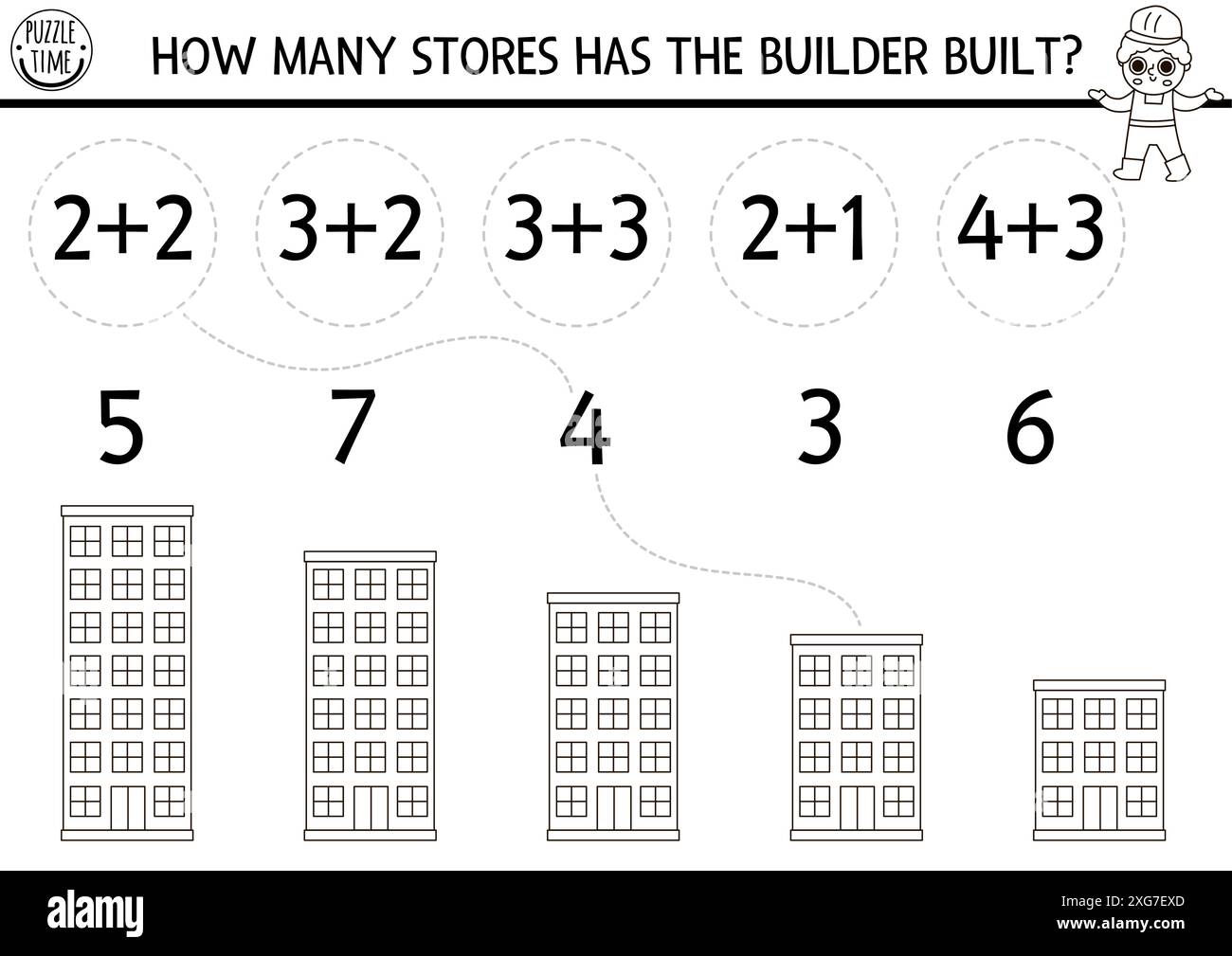 Match the numbers black and white construction site game with builder ...