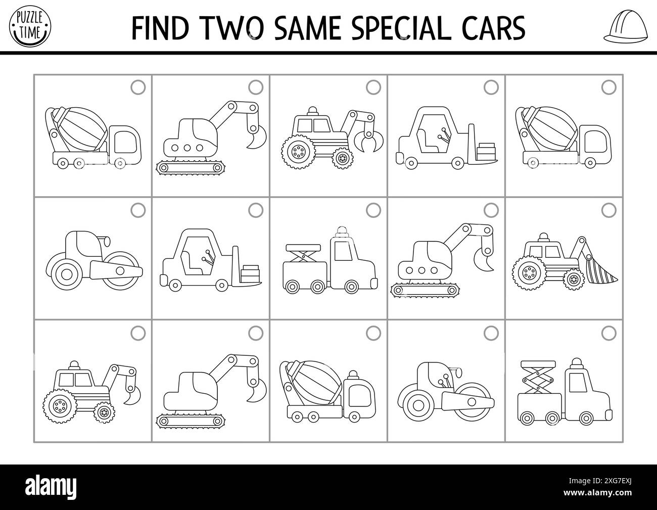 Find two same special cars. Construction site black and white matching ...