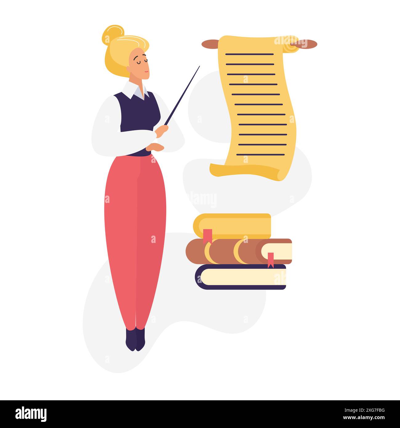Female character teaching, standing with pointer near stack of books ...