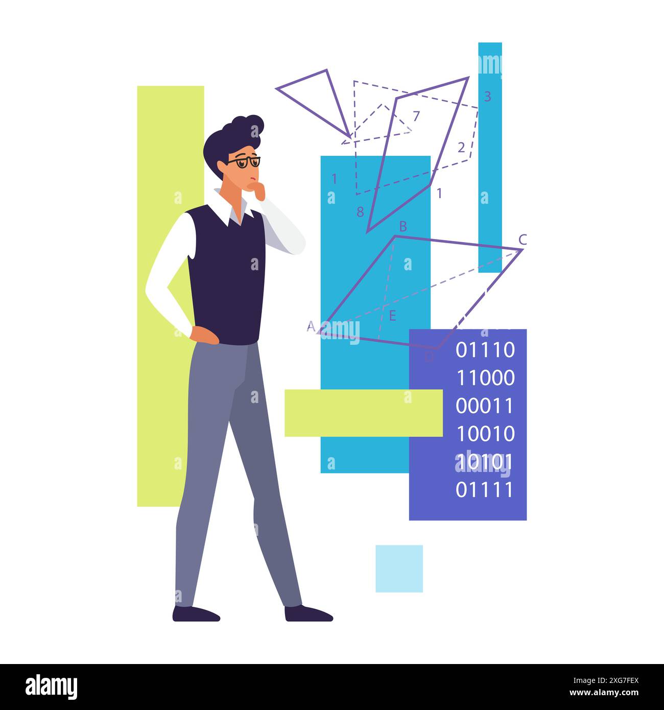 Male character thinking on logic problem of science research vector ...