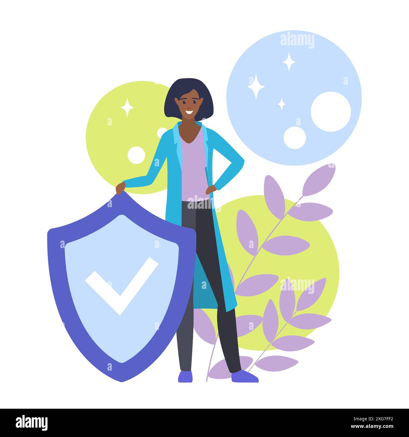 Female character holding shield for protection, ethics and personality ...