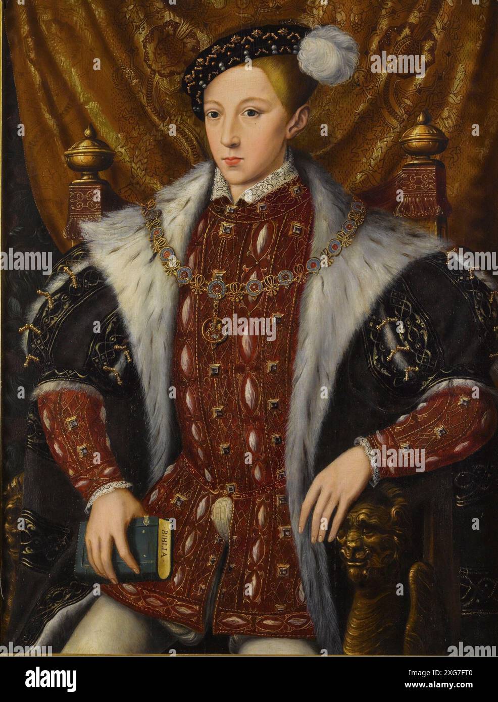 Portrait of Edward VI of England, seated, wearing a gown lined in fur ...