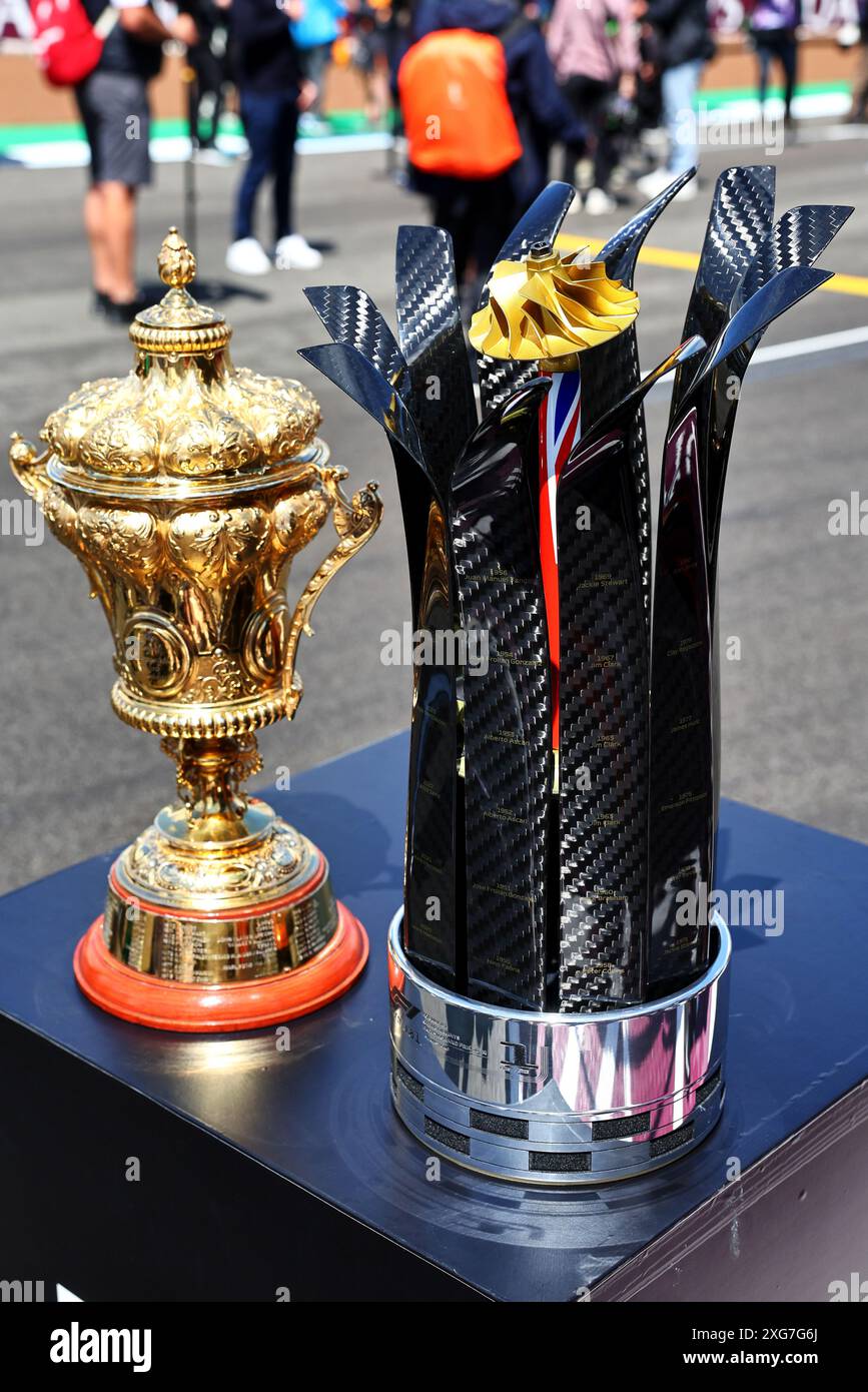 Silverstone, UK. 07th July, 2024. Circuit atmosphere - race trophies ...
