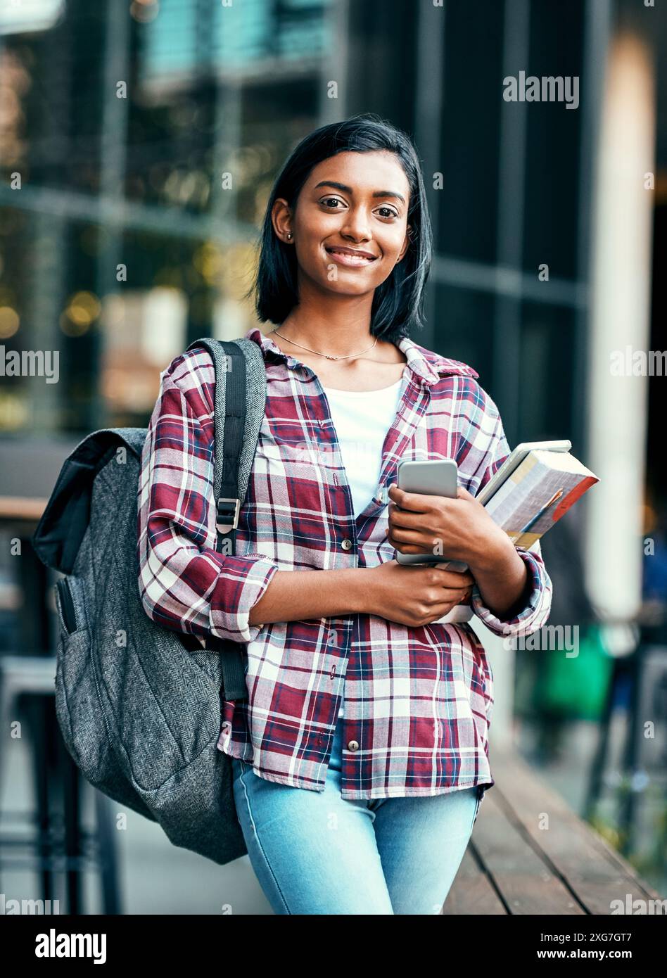 Portrait, student and Indian woman with opportunity in university for dream, future or study in ...