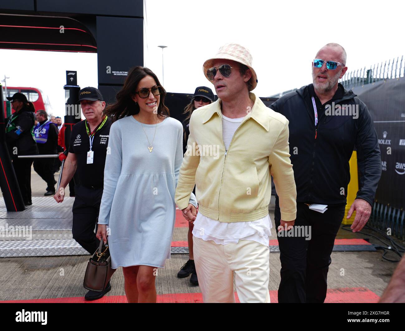 Brad Pitt and his partner Ines De Ramon arrive at Silverstone Circuit ...