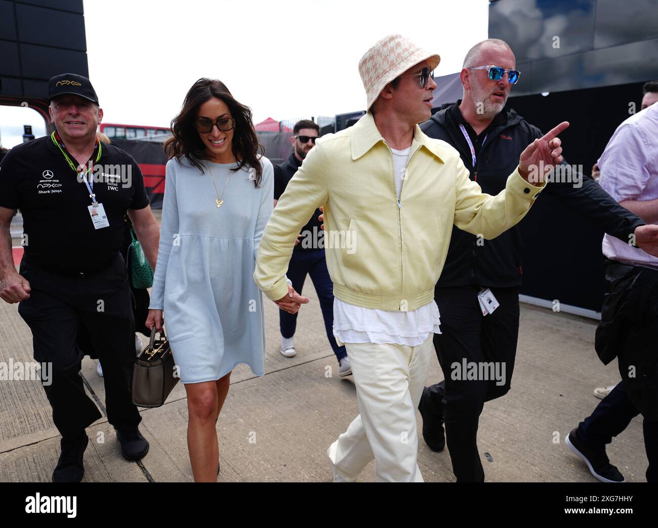 Brad Pitt and his partner Ines De Ramon arrive at Silverstone Circuit ...