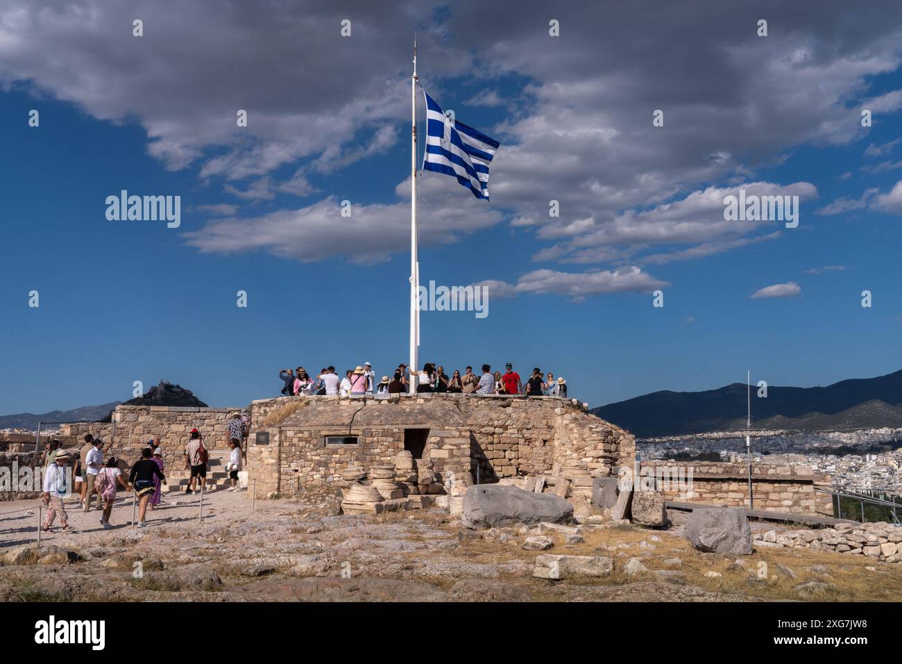 A waving Greek flag in the acropolis of Athens. Greece Stock Photo - Alamy