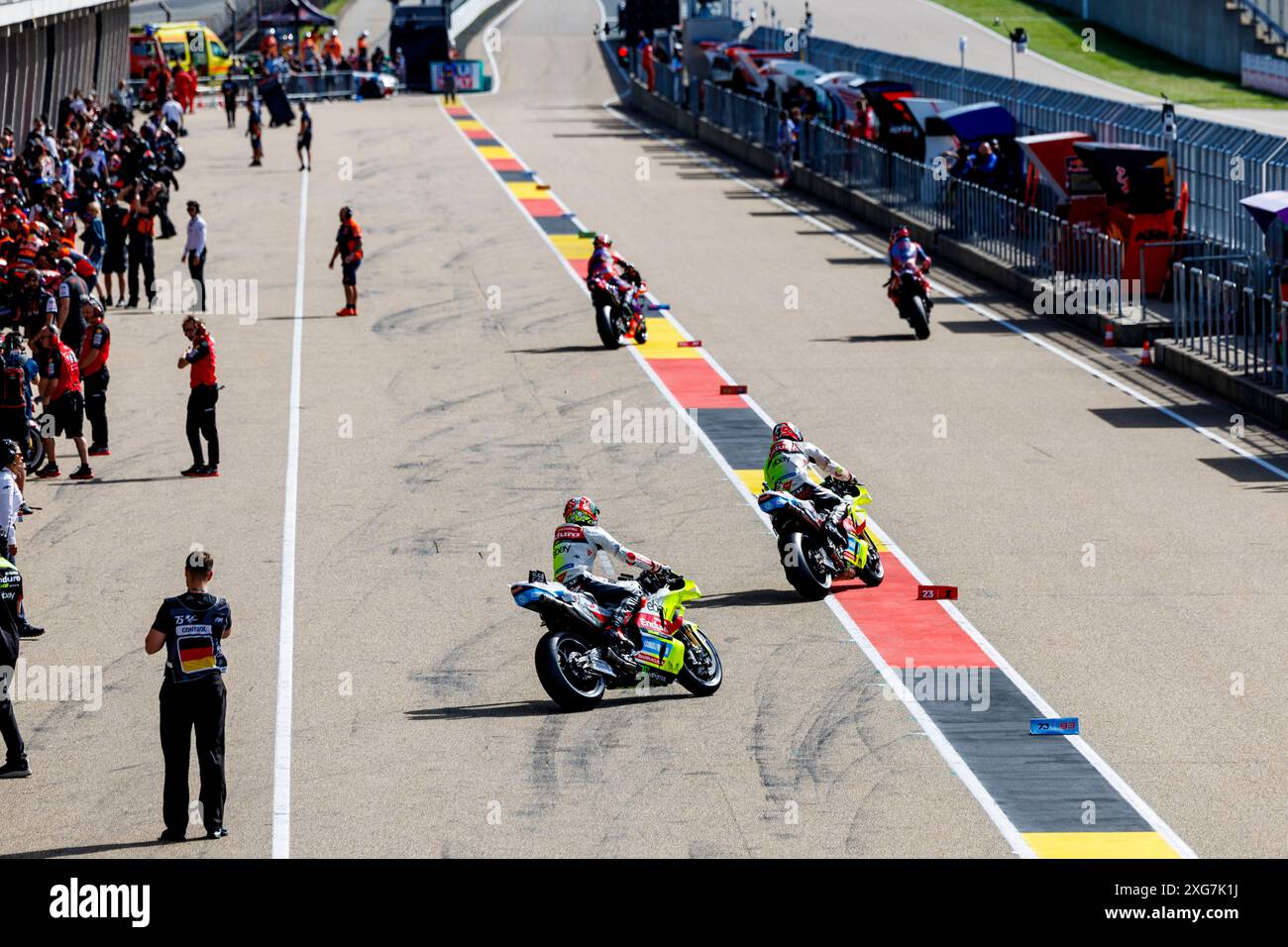 German MotoGP, Race Day. 7th July, 2024. The riders leave the pits for ...