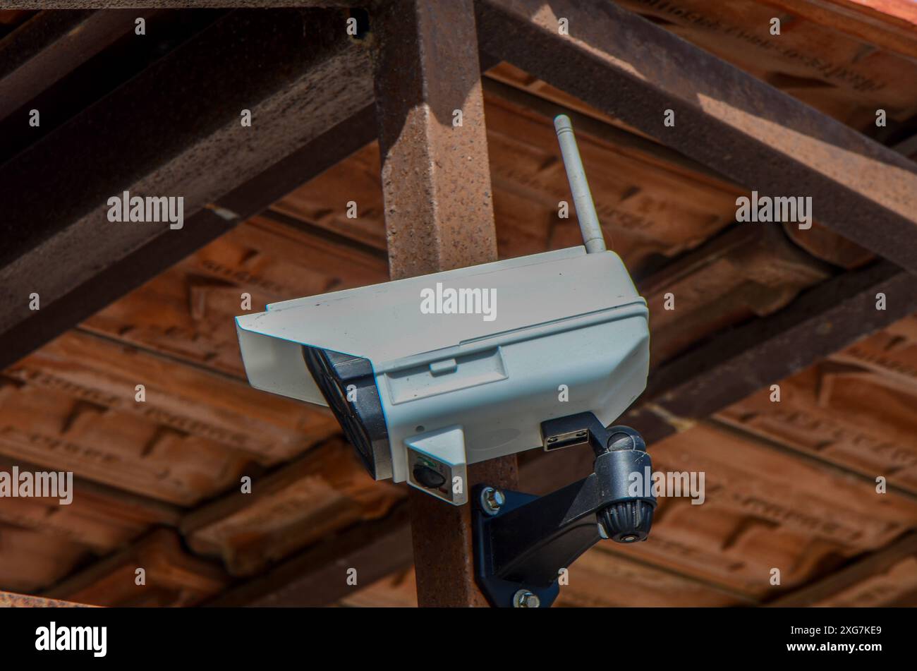 IP CCTV camera install on pole have water proof cover to protect camera ...