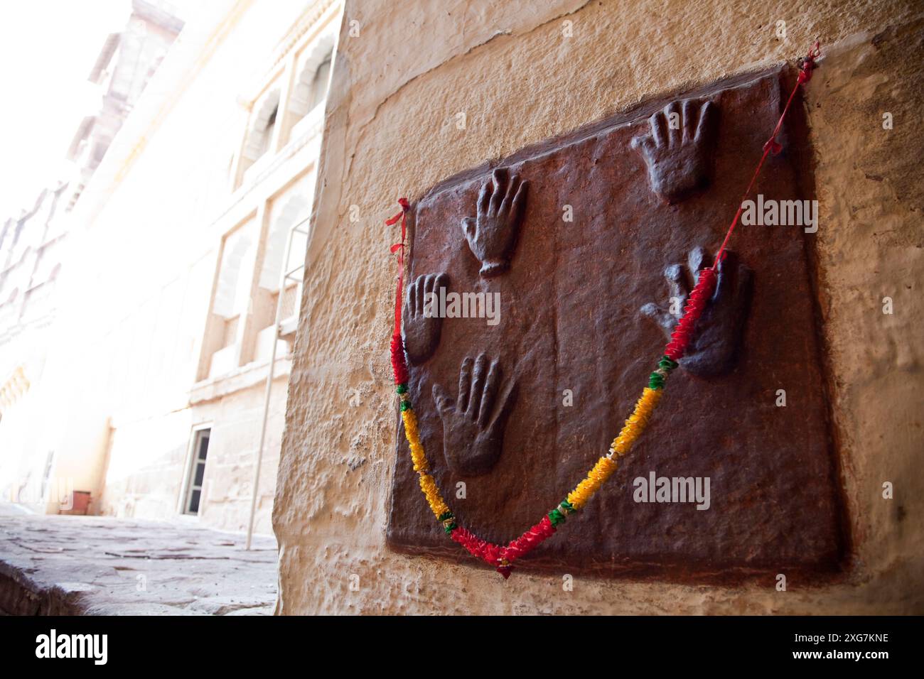 Sati handprints, Mehrangarh Fort, Jodhpur, Rajasthan, India. Built c ...