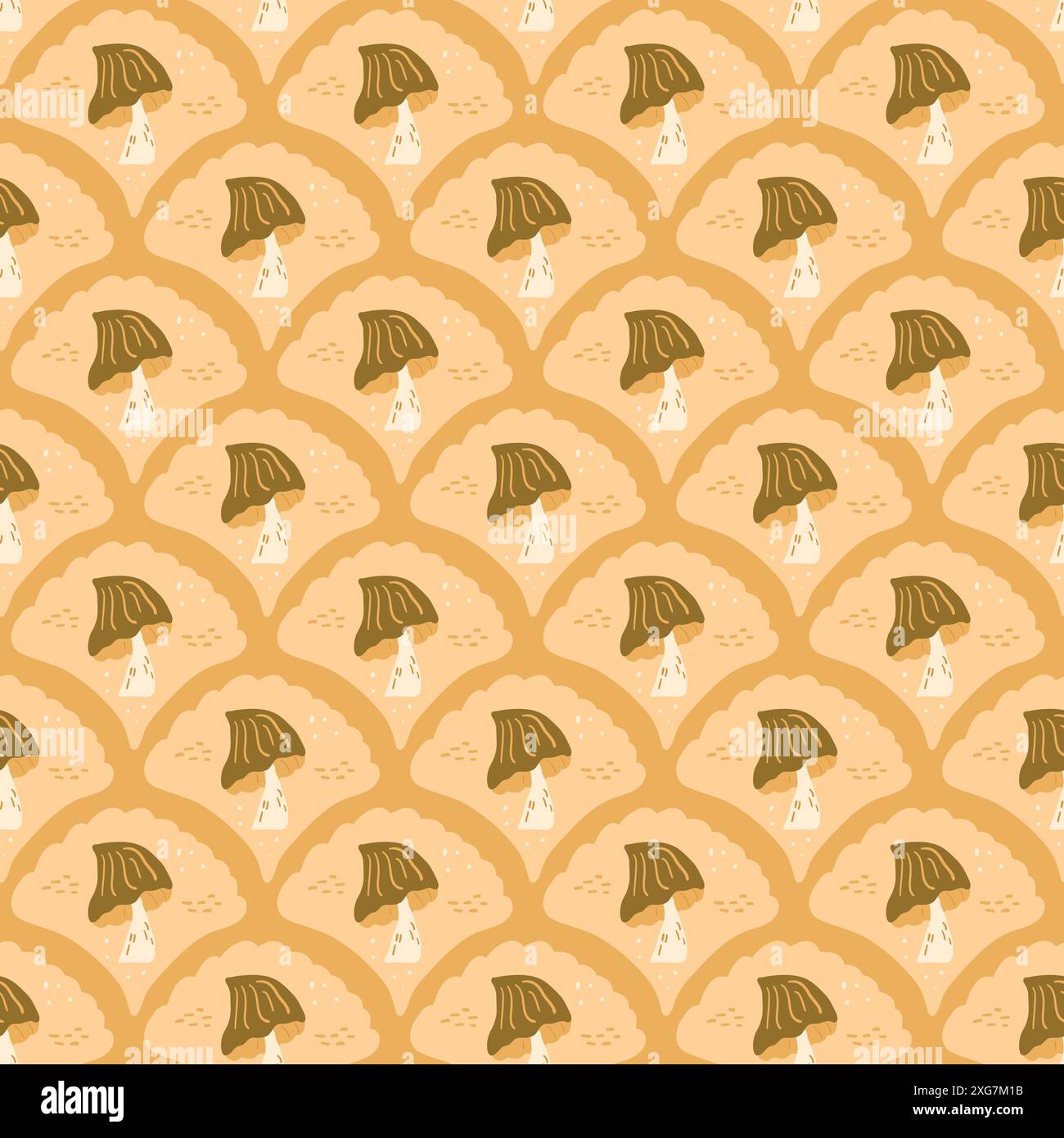 Toadstool scallop seamless pattern. Fly agaric arch repeat background. Inedible mushrooms retro ...