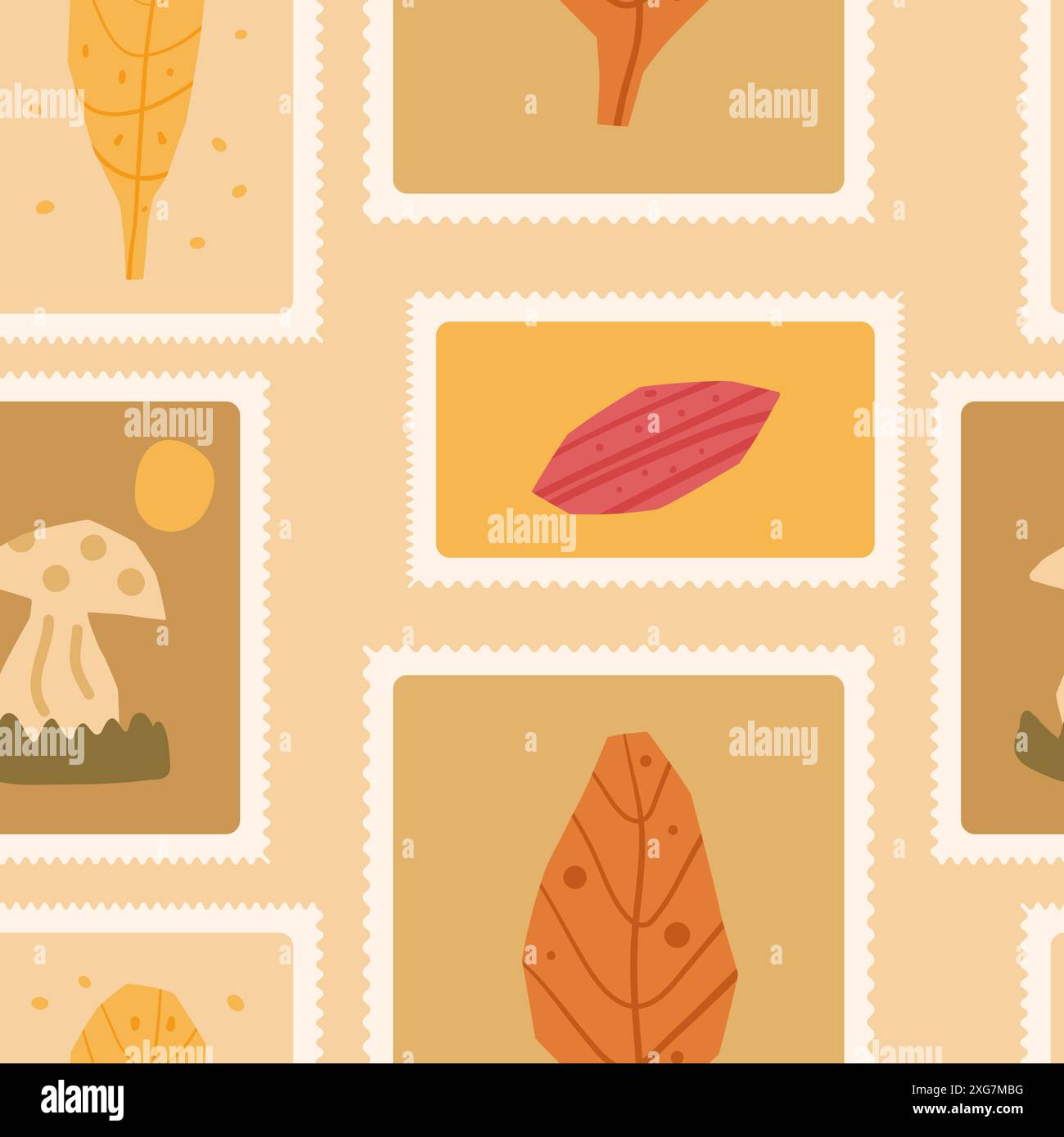 Autumn checked seamless pattern. Cut outs mushroom and leaves shapes ...