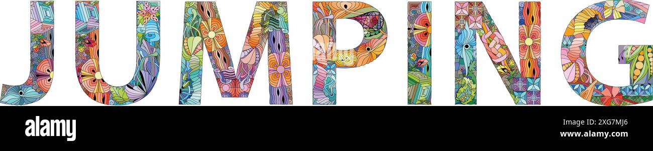Hand-painted art design. Hand drawn illustration word JUMPING for t ...