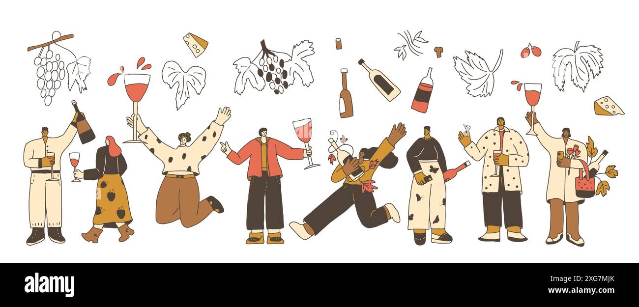 Wine tasting event. Set of wine lovers. Cute characters with with ...