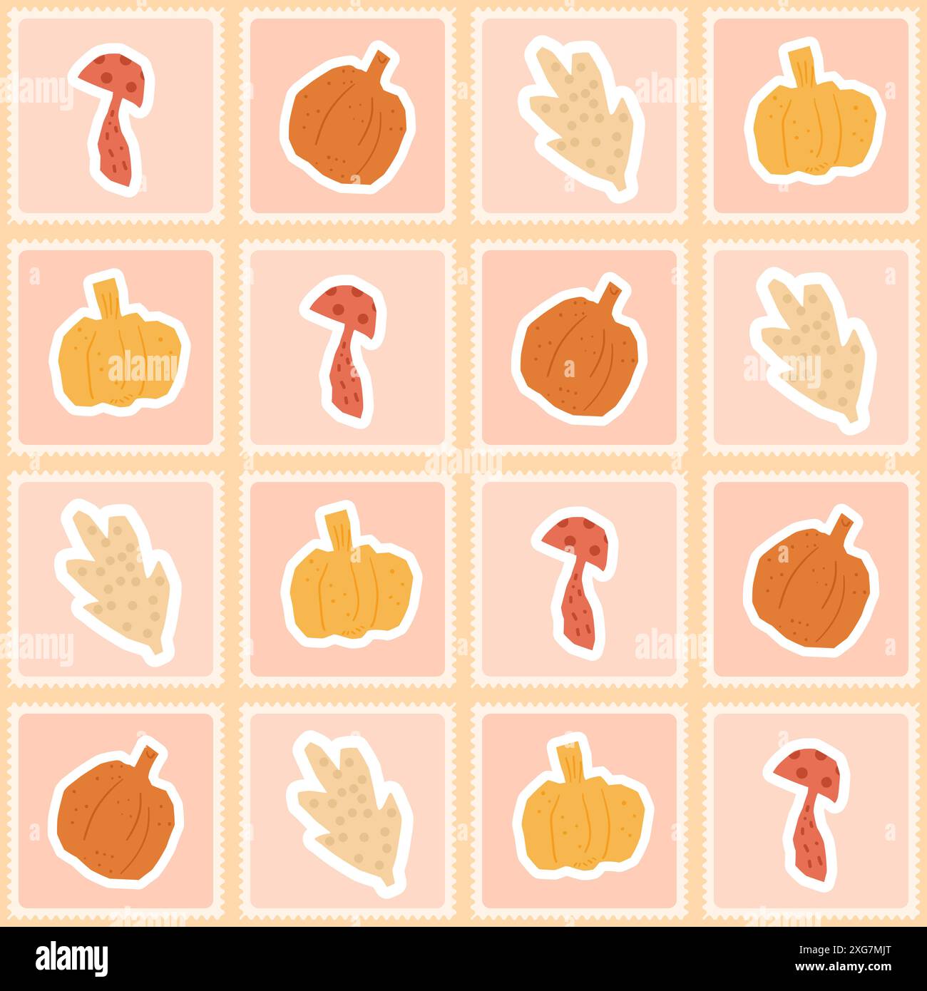 Autumn checked seamless pattern. Cut outs pumpkin, mushroom and leaves ...