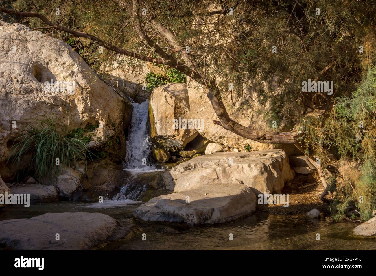 The little waterfall and the refreshing spring between the boulders of ...