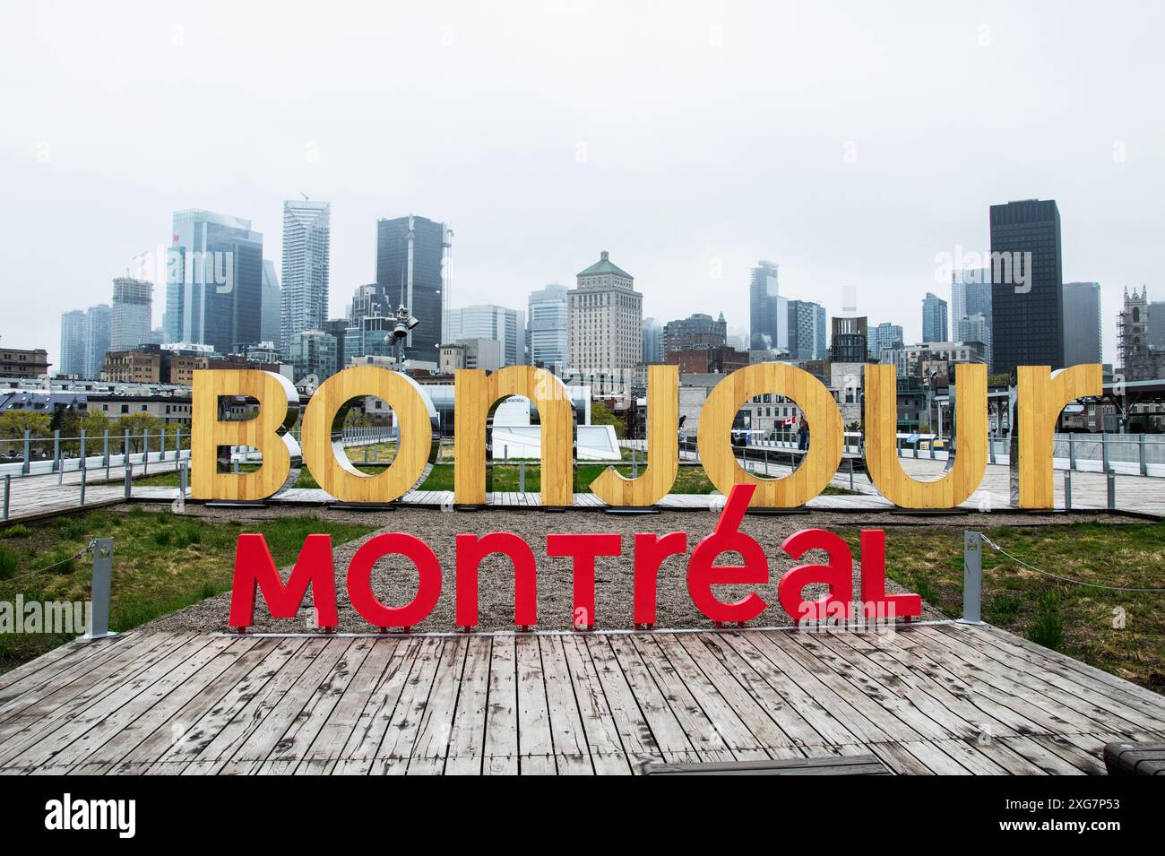 Bonjour Montreal sign at the Grand Quay in Montreal, Quebec, Canada ...