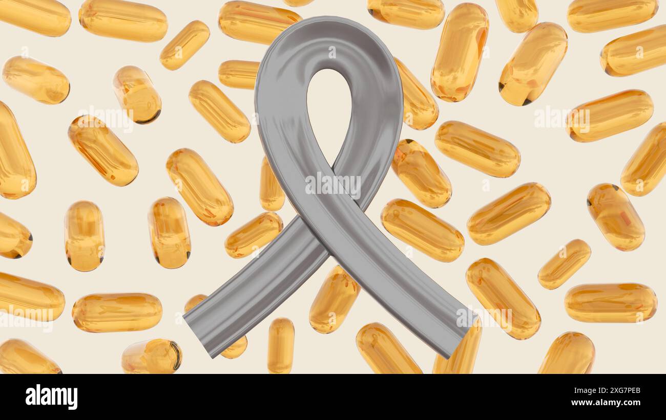 3d rendering of vitamin D capsules and a grey ribbon depict hope in the ...