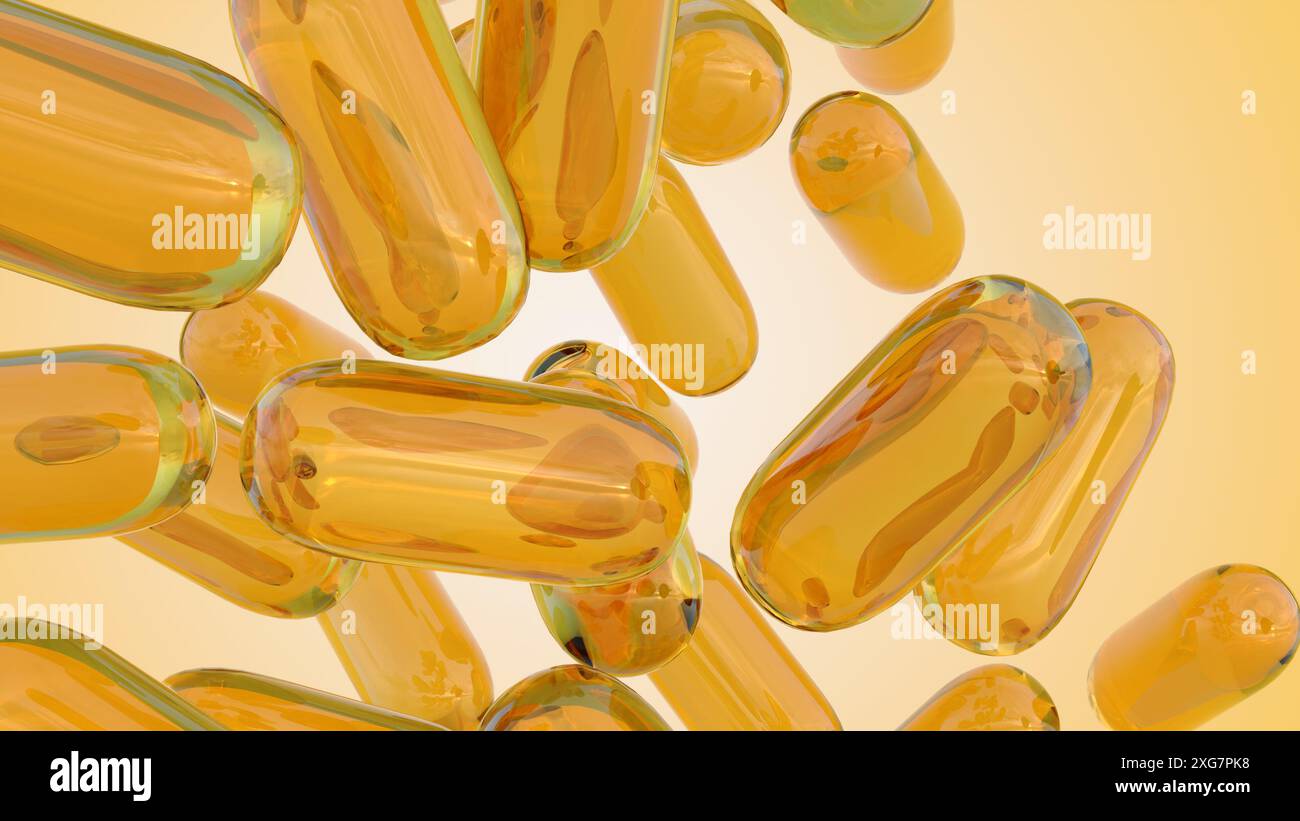 Yellow capsules in this 3D rendering depict vitamin B supplements. B ...