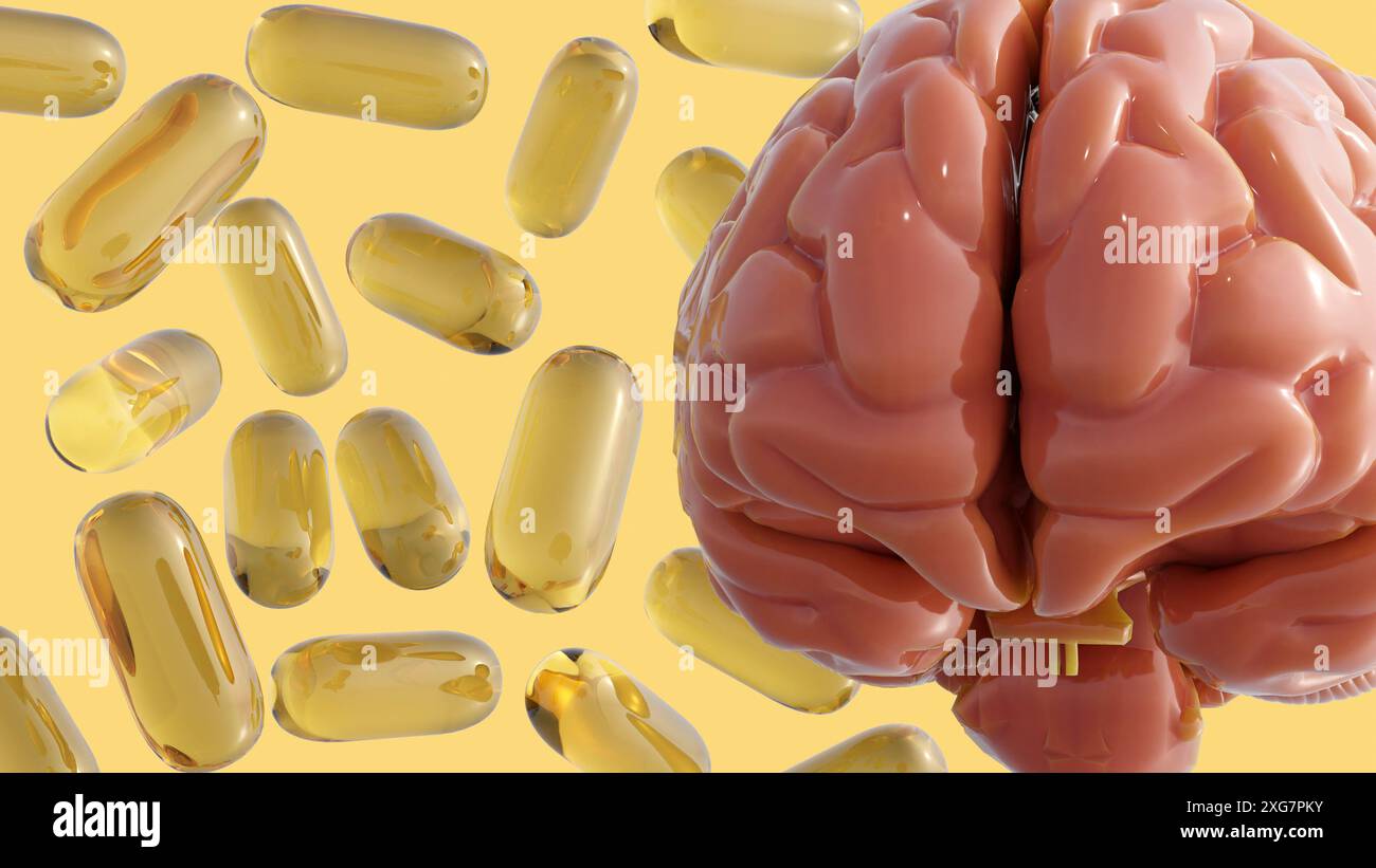 3D rendering of vitamin B capsules and a human brain. The B vitamins ...