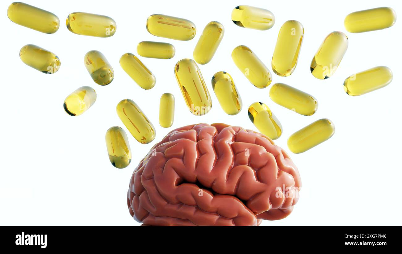 3D rendering of vitamin B capsules and a human brain. The B vitamins ...