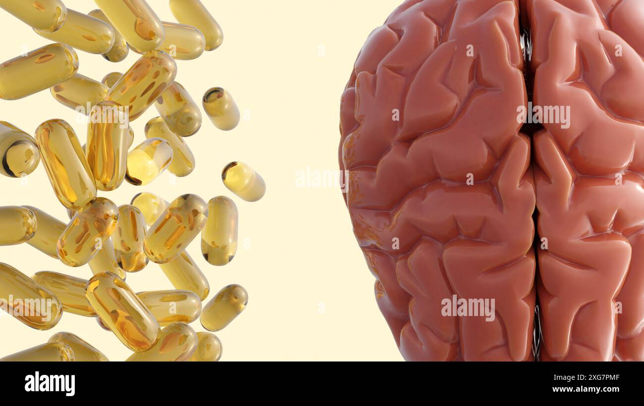 3D rendering of vitamin B capsules and a human brain. The B vitamins ...
