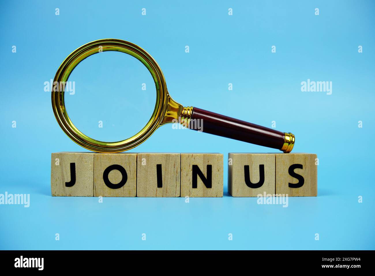 Join us with wooden blocks alphabet letters and Magnifying glass on ...