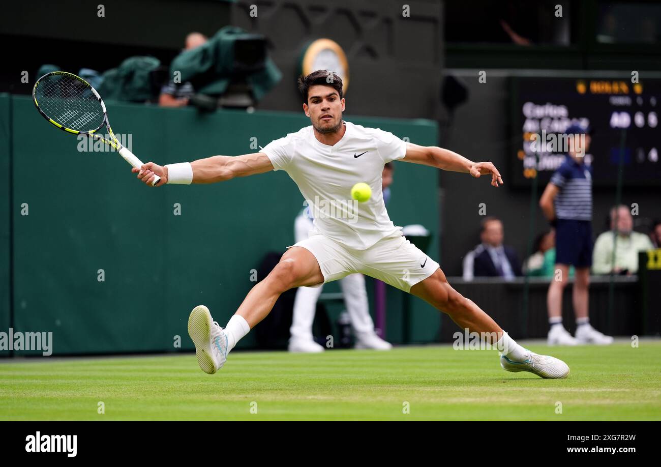 Carlos Alcaraz in action against Ugo Humbert (not pictured) on day seven of the 2024 Wimbledon ...