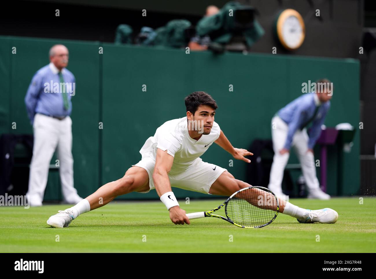 Carlos Alcaraz in action against Ugo Humbert (not pictured) on day seven of the 2024 Wimbledon ...