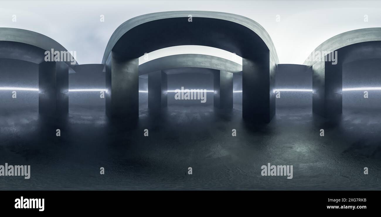 360 panorama of an empty hallway with concrete arched ceiling and neon ...