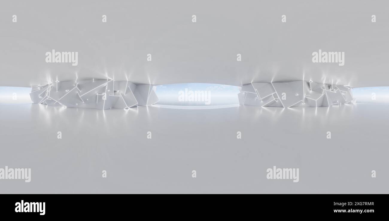360 degree panorama of a white room with geometric ceiling and blue sky ...