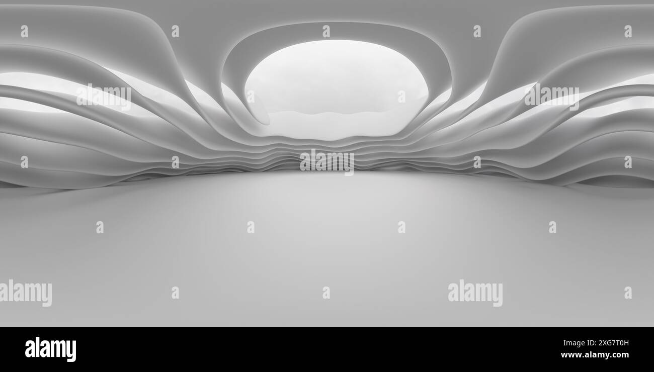 360 panorama of a modern white interior with wavy ceiling and large ...